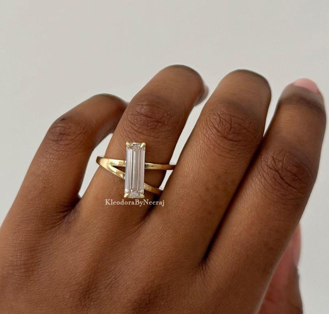 2.00 Ct Baguette Cut Engagement Ring Long Baguette Moissanite Ring ...