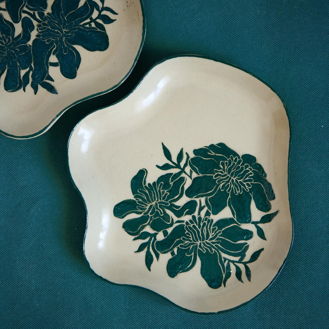 Handcrafted Ceramic Plate - Scalloped Edge & Floral Sgraffito Design ...
