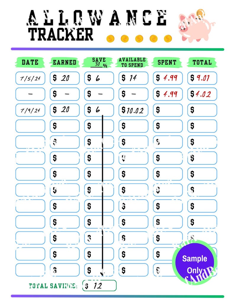 Printable Allowance Tracker for Kids, Printable PDF, Instant Download ...