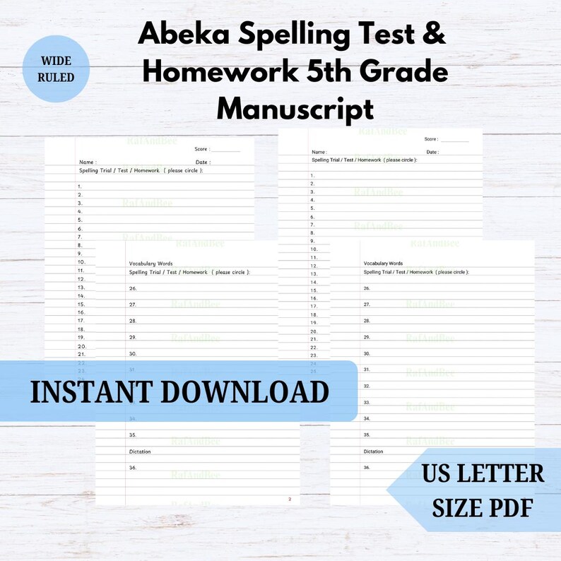 Manuscript Abeka Spelling List Test & Homework Template, 5th Grade ...