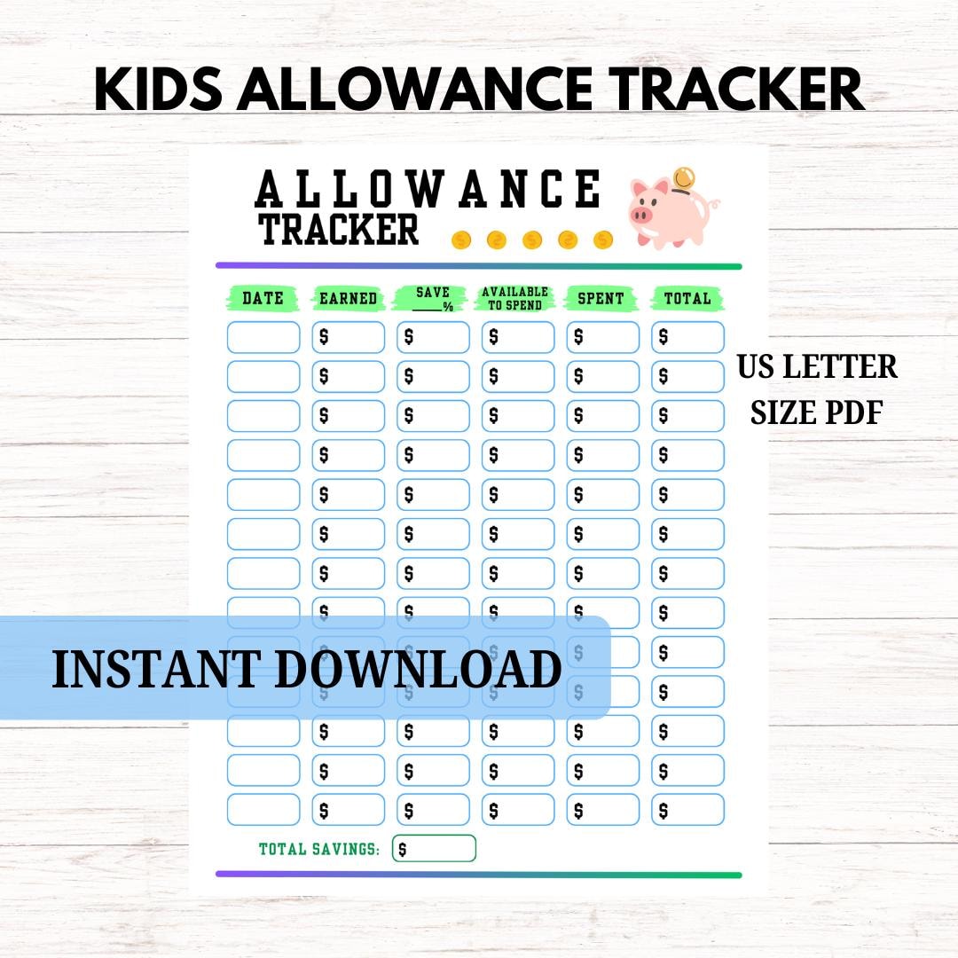 Printable Allowance Tracker for Kids, Printable PDF, Instant Download ...