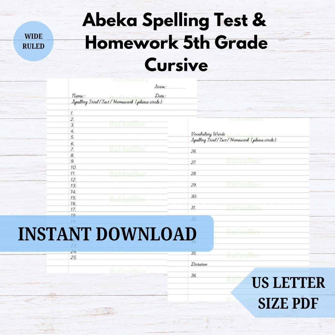 Cursive Abeka Spelling List Test & Homework Template, 5th Grade ...