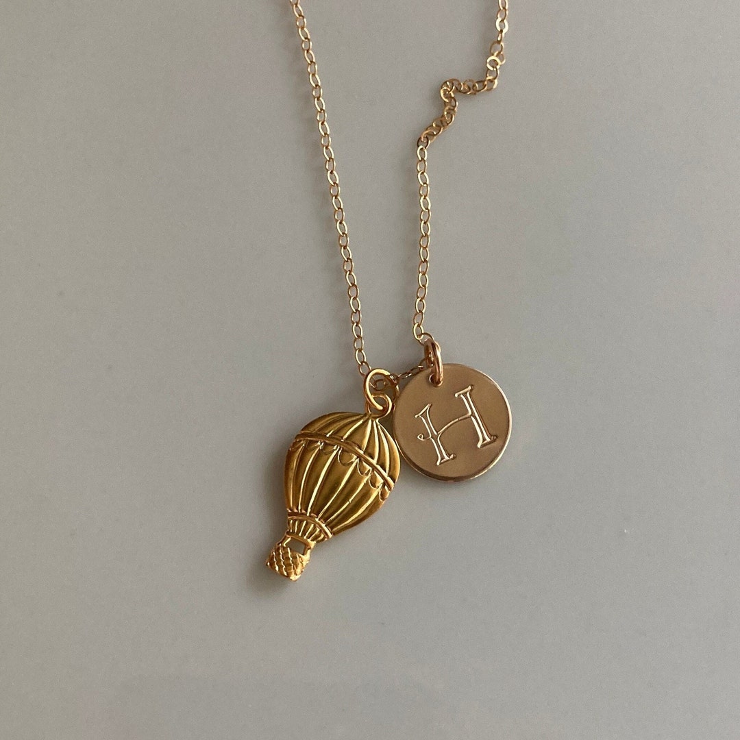 Gold Hot Air Balloon Necklace, Personalized Initial Hot Air Balloon ...