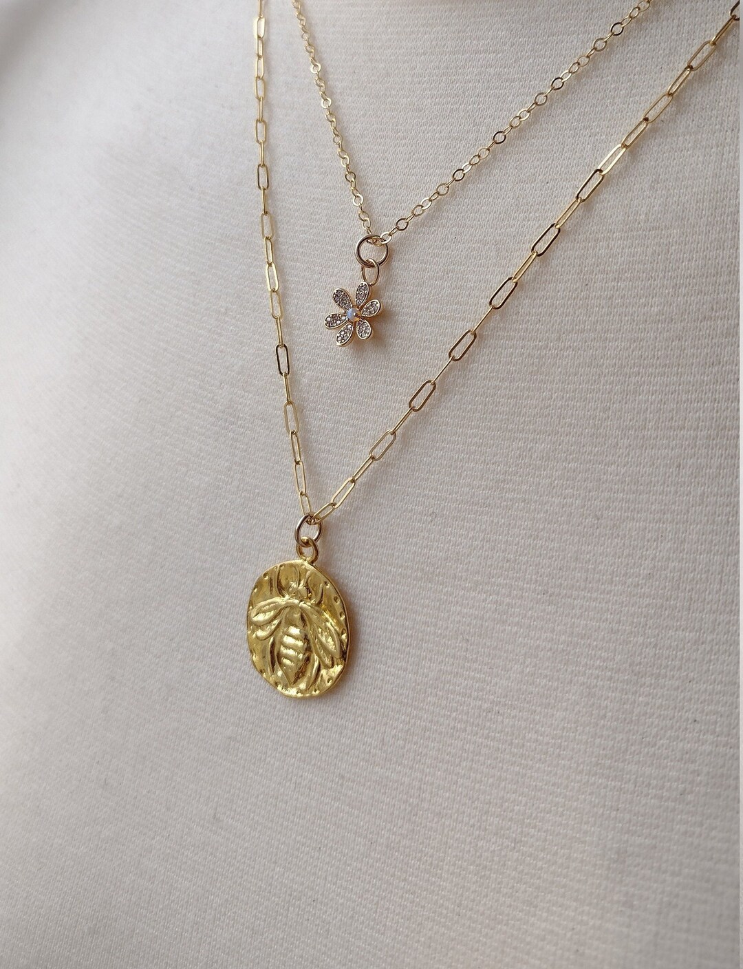 Gold Bee Coin Necklace, Long 14K Gold Fill Chain, Bee Jewelry, Coin ...