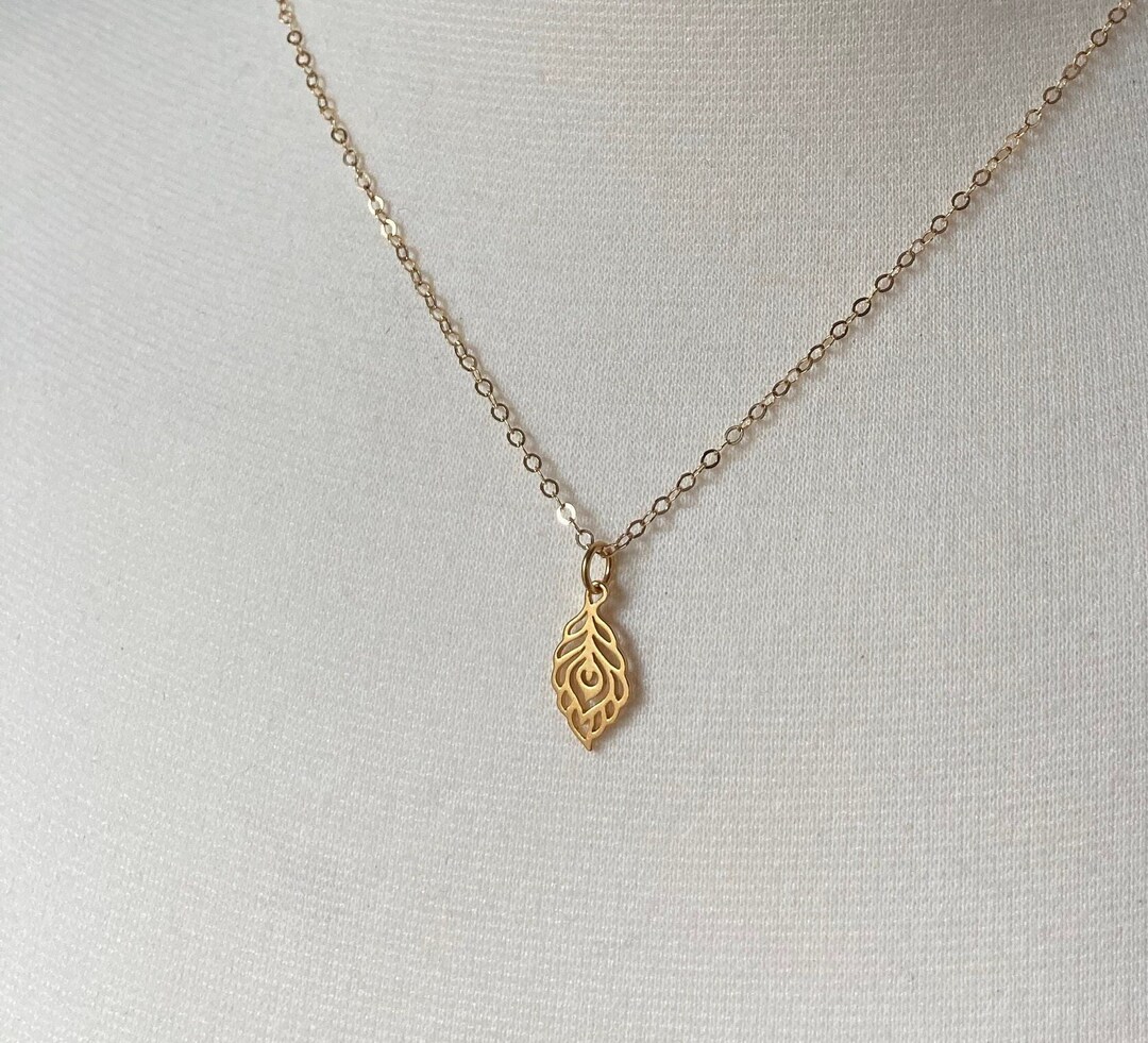 Tiny Peacock Feather Necklace 14K Gold Fill Chain, Good Luck Necklace ...