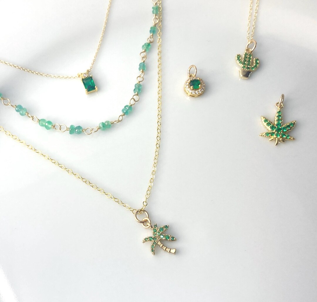 Palm Tree Charm 14K Gold Fill Chain Necklace, Pave Emerald CZ Green ...