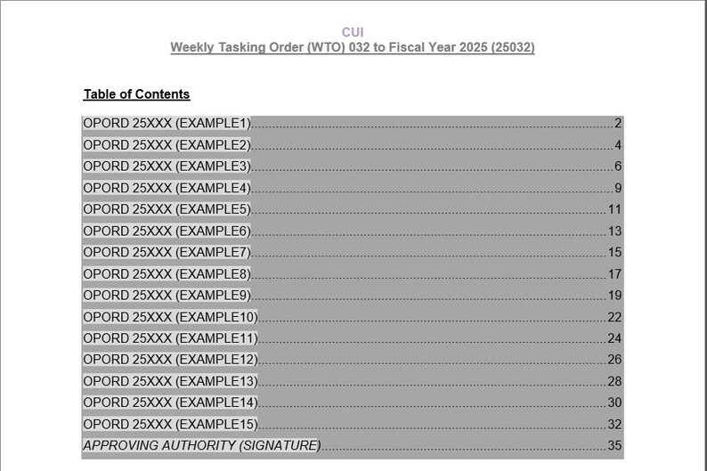 Weekly Tasking Order WTO Template - Etsy
