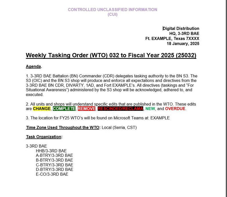 Weekly Tasking Order WTO Template - Etsy