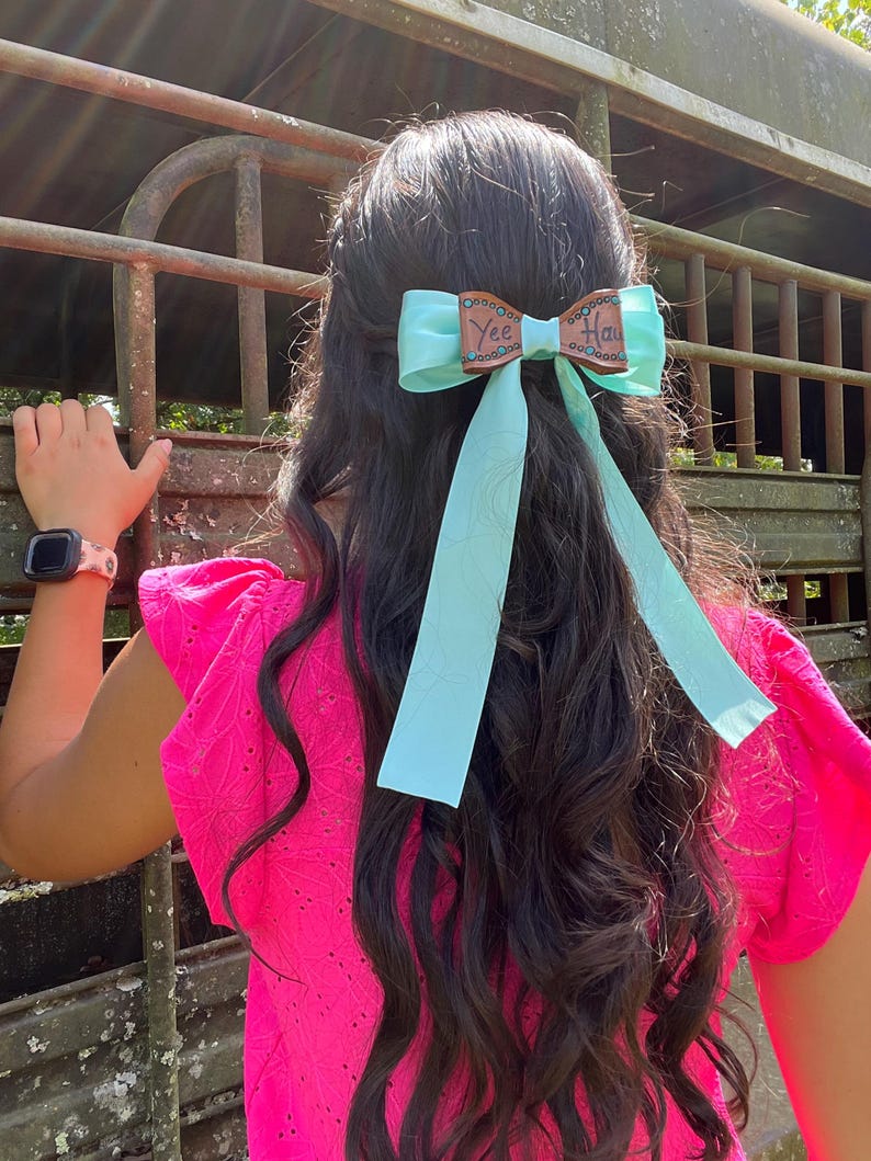 Handmade Western Leather Hair Bow: Turquoise Painted Barrette - Etsy