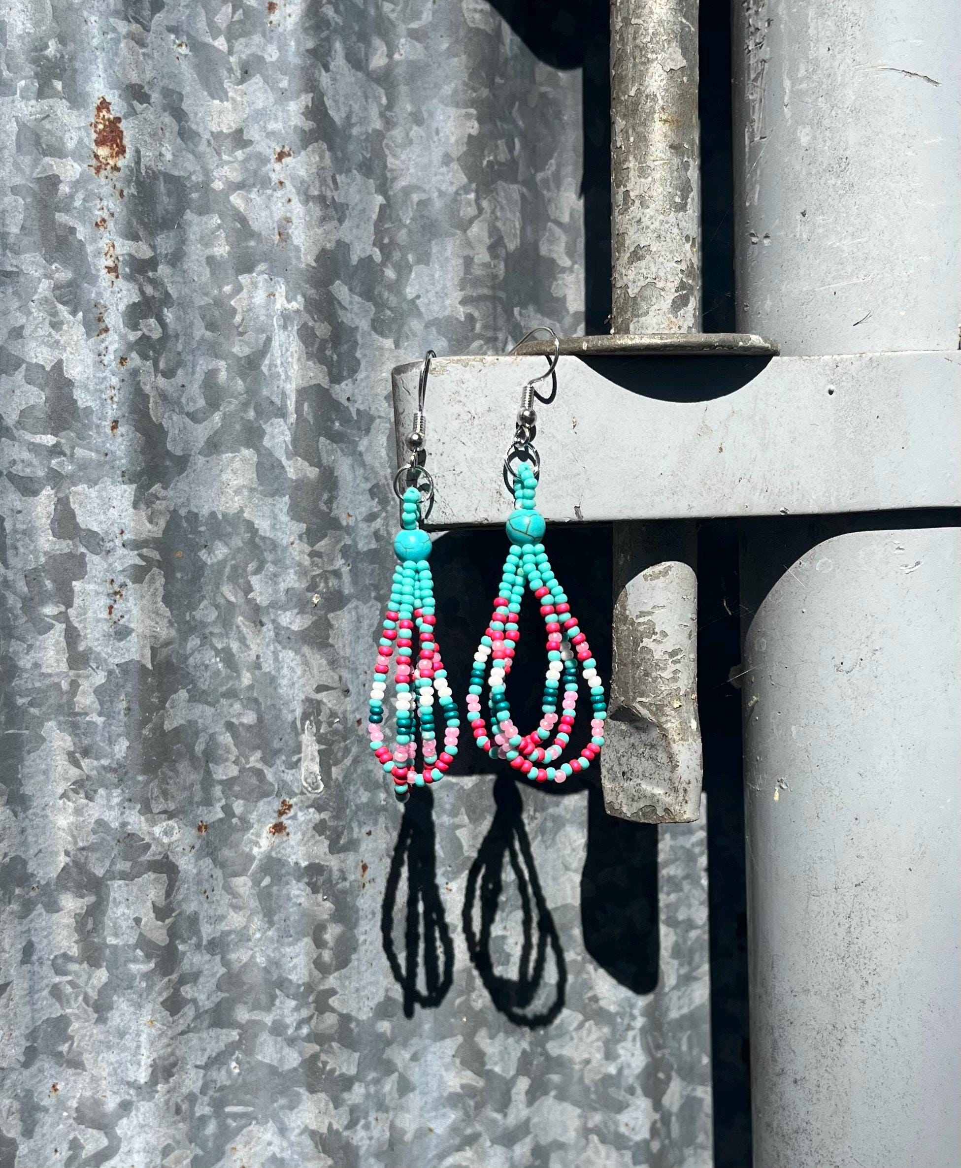 Beaded Dangle Earrings: Turquoise & Pink Seed Beadwork - Etsy