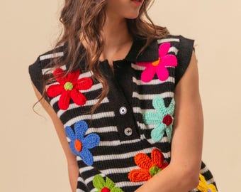 Bibi Flower Patch Checkered Sweater Vest - Etsy