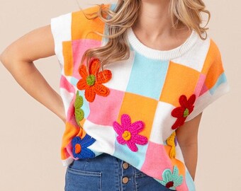 Bibi Flower Patch Checkered Sweater Vest - Etsy