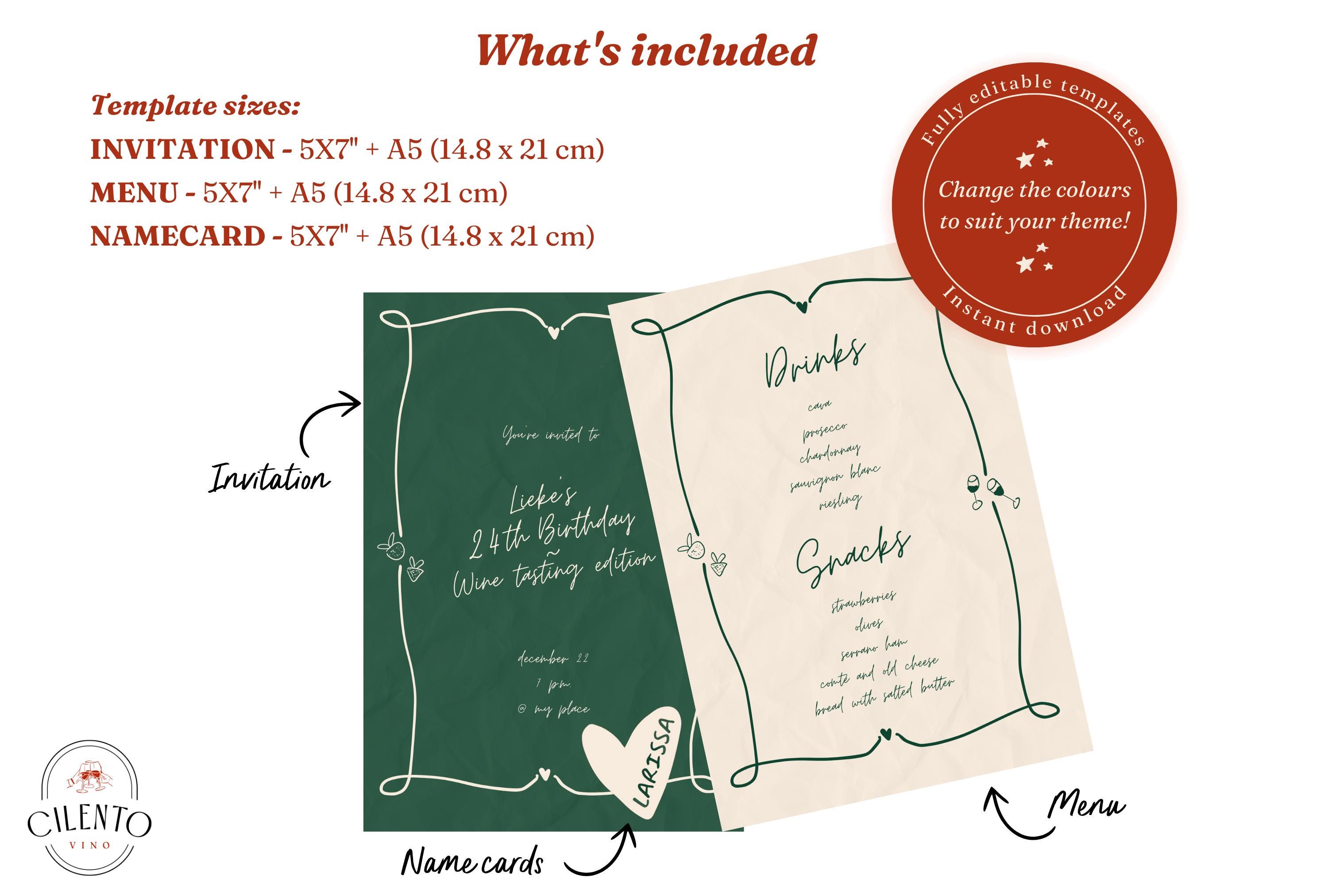 Invitation, Menu Card and Name Cards for Your Wine Tasting Birthday ...