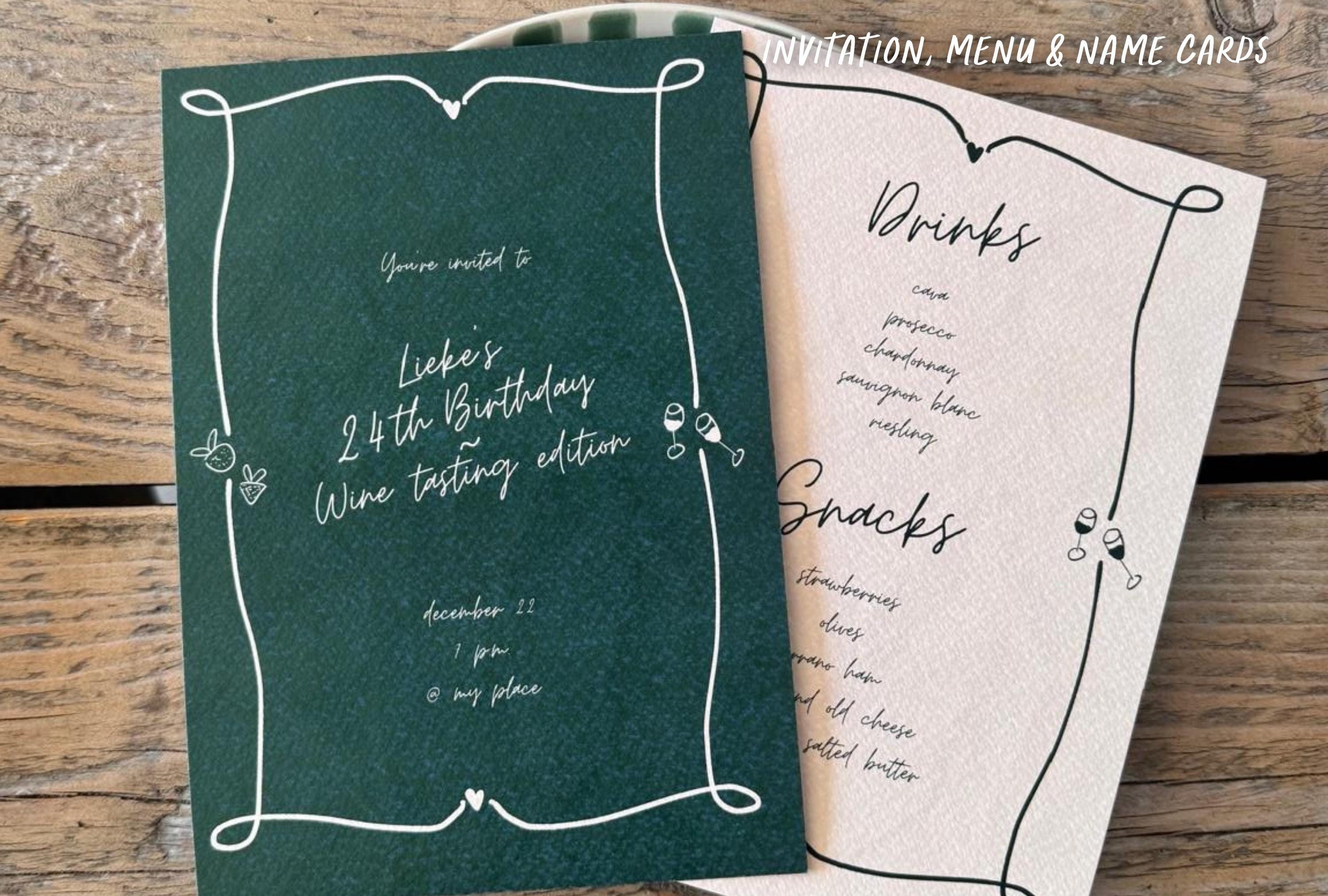 Invitation, Menu Card and Name Cards for Your Wine Tasting Birthday ...