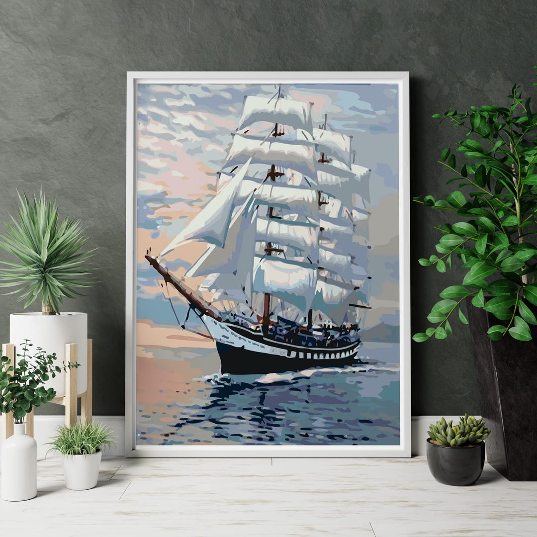 Show White Frigate Painting on the Wall, Marine Art for Bedroom ...