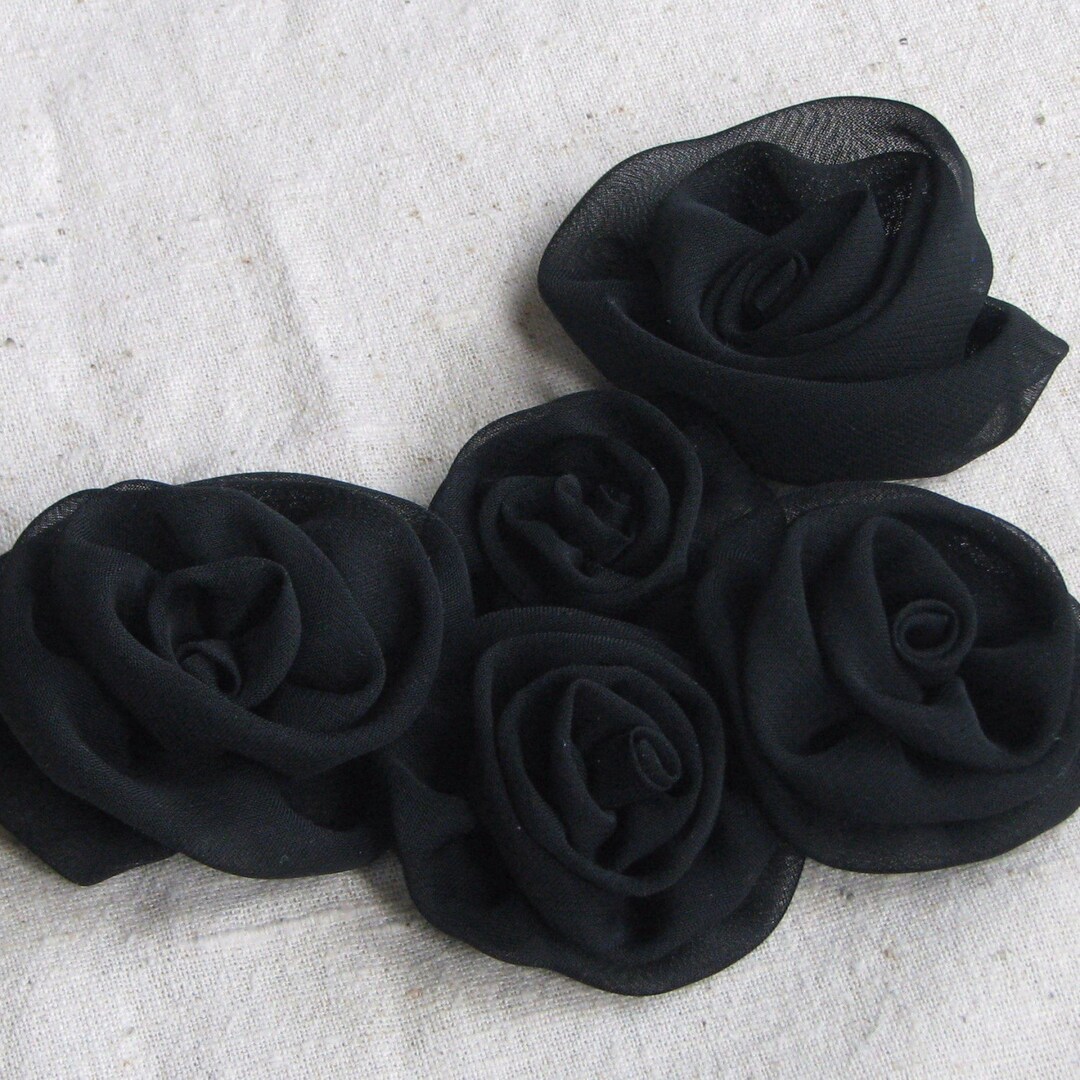 5 Fabric Roses for Applique and Decorating in Black Chiffon, Small ...