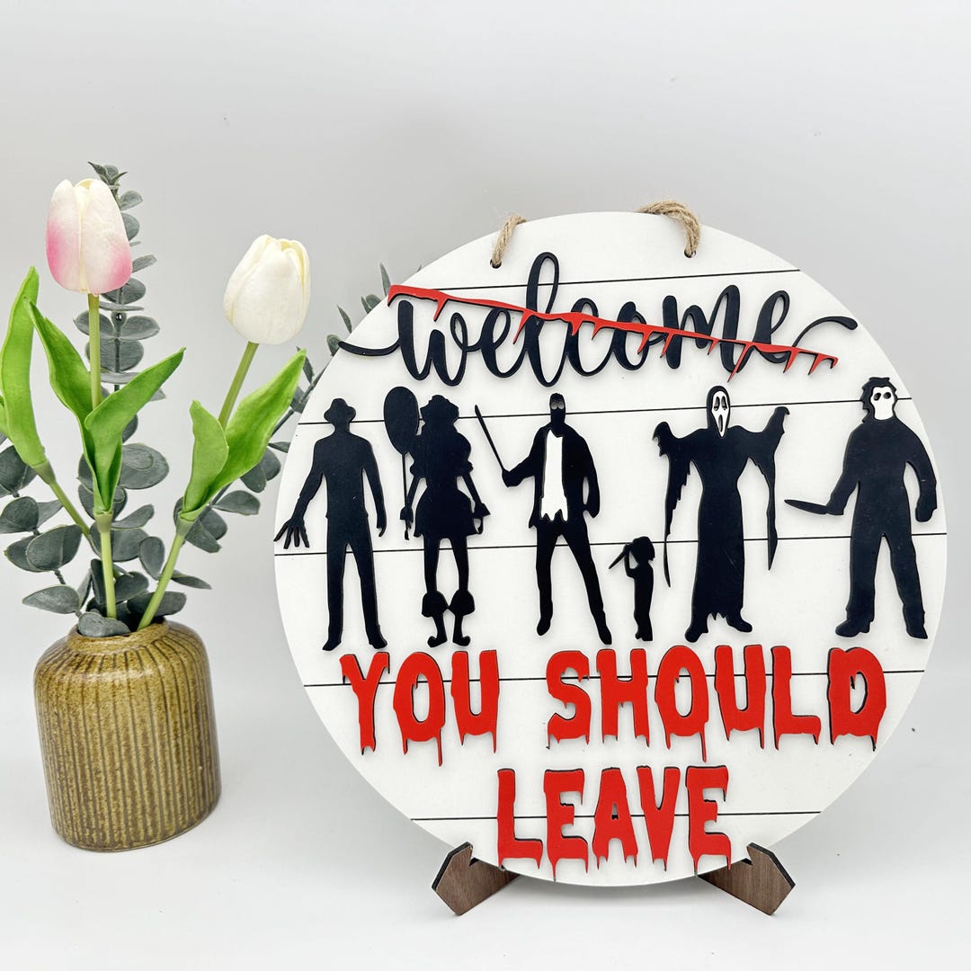 Halloween Welcome Sign, Halloween Door Hanger, Horror Characters Door ...