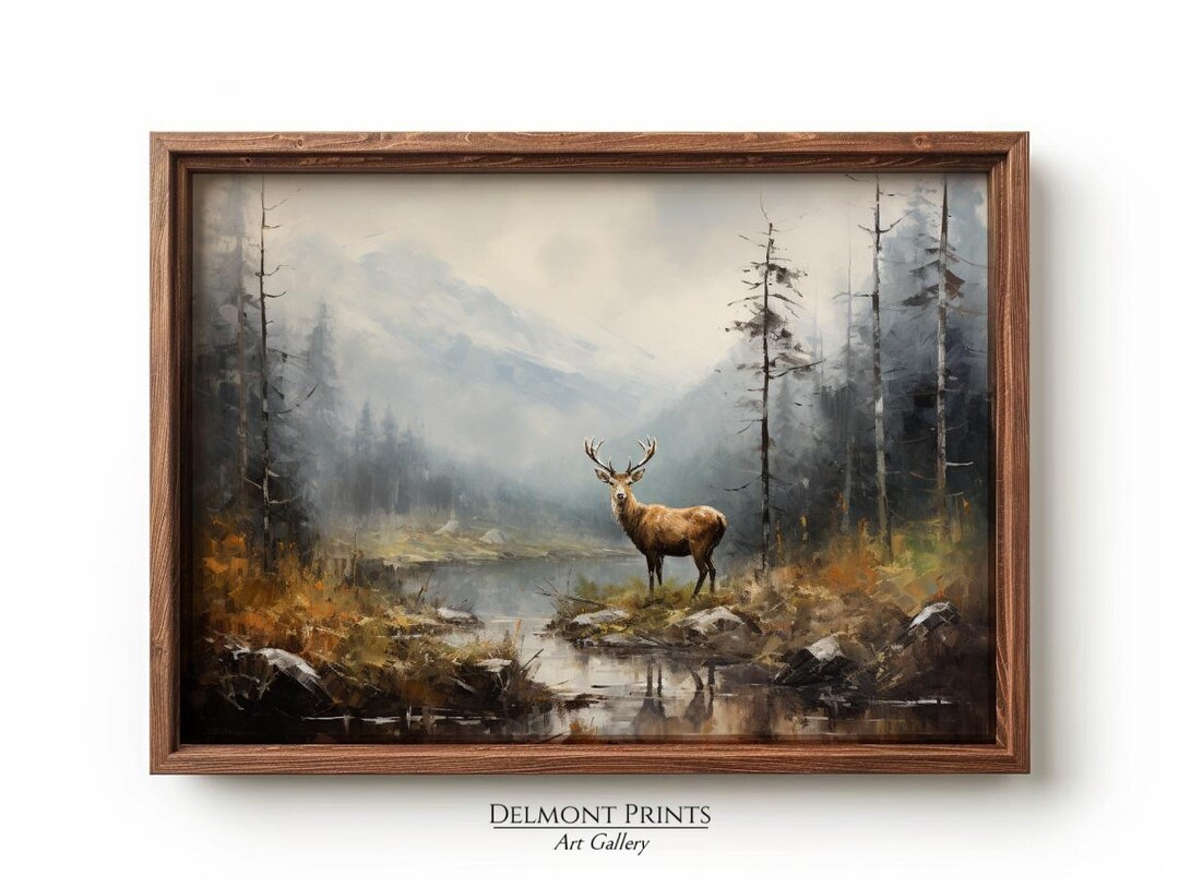 Vintage Forest Deer Oil Painting, Rustic Wildlife Print, Digital ...