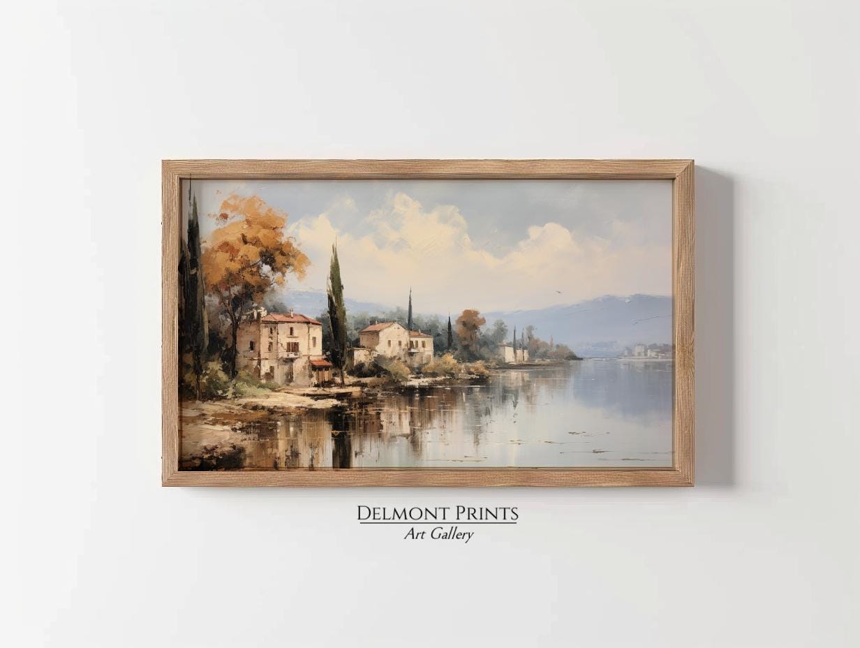 Rustic Lakefront Landscape Painting, Vintage Coastal Scene Print ...