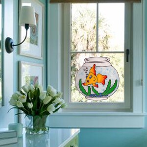 Gold Fish Bowl Window Cling Faux Stained Glass Gold Fish Suncatcher ...