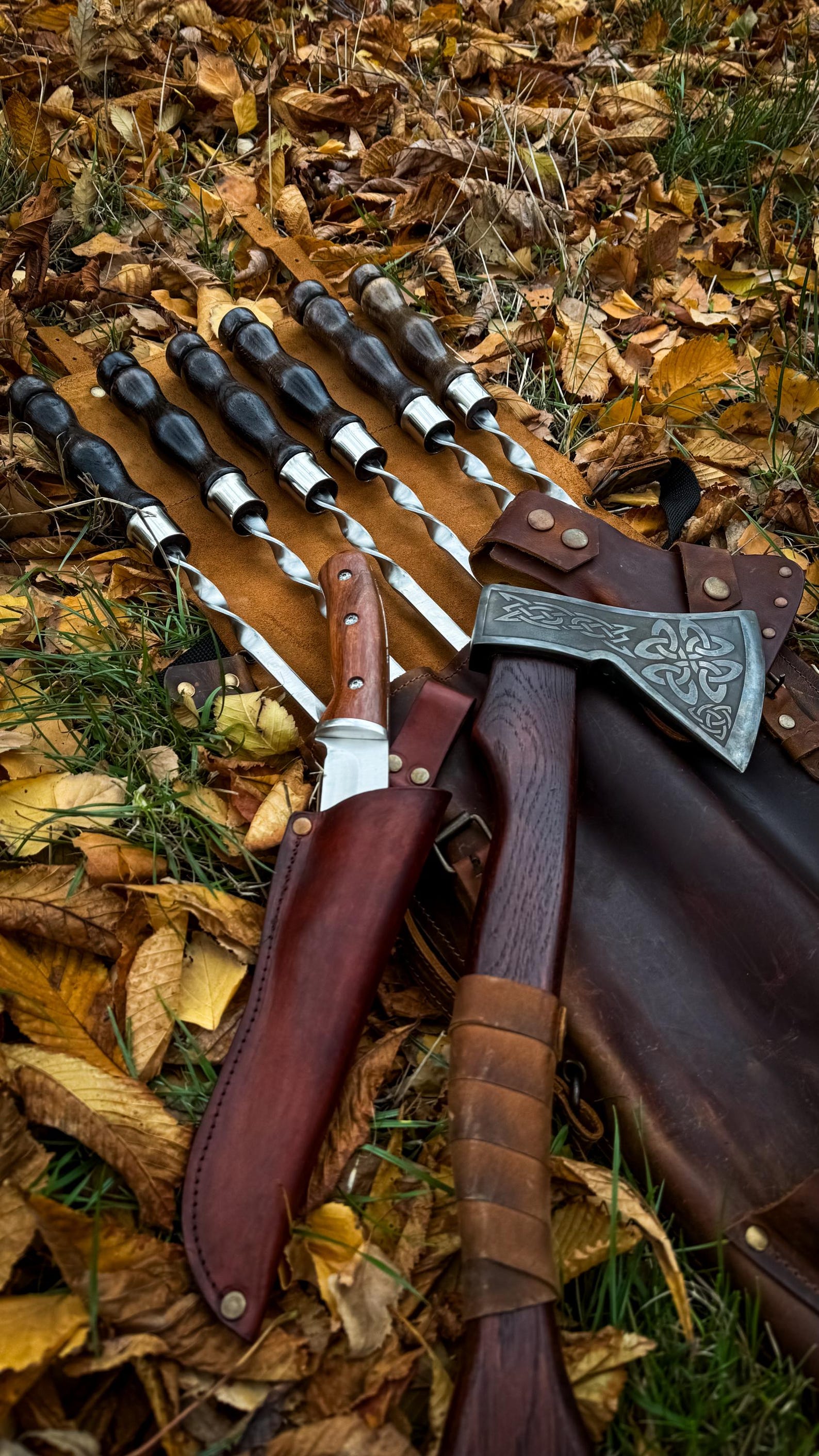 BBQ Tool Set With Knife, Axe, and Skewers, Leather Case, Perfect for ...