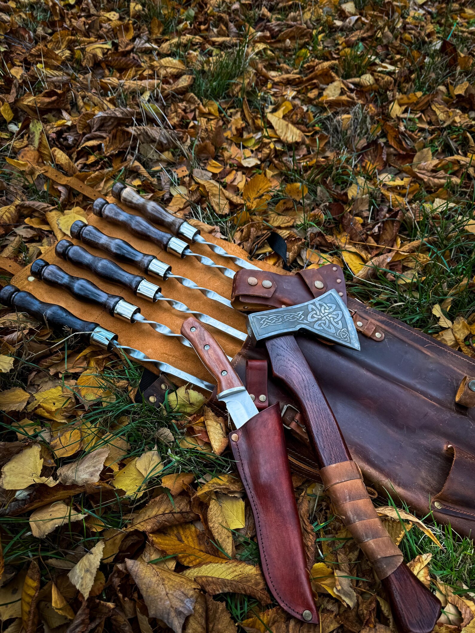 BBQ Tool Set With Knife, Axe, and Skewers, Leather Case, Perfect for ...