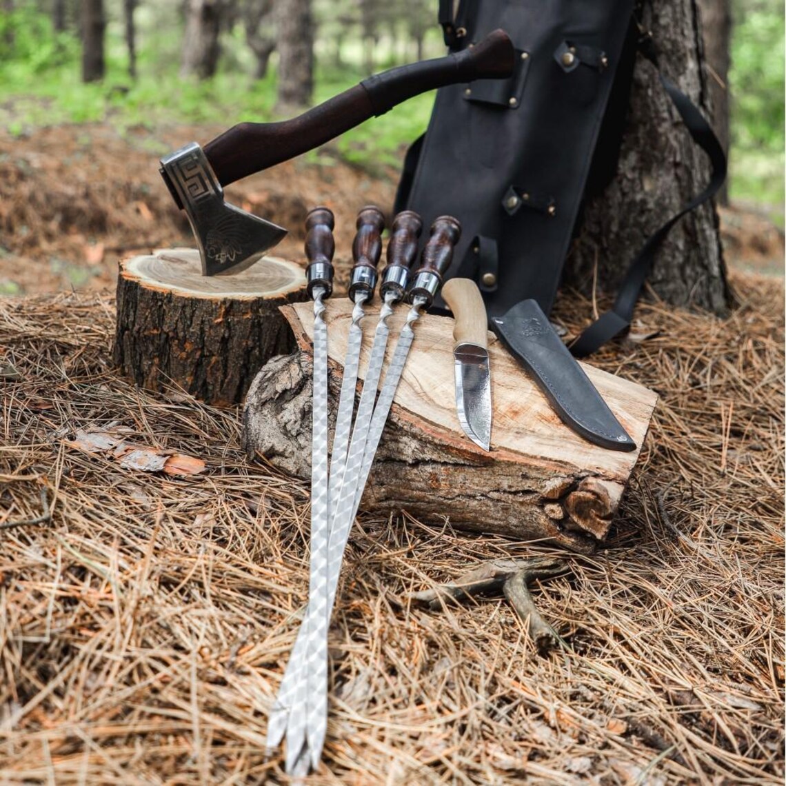 BBQ Tool Set With Knife, Axe, and Skewers, Leather Case, Perfect for ...
