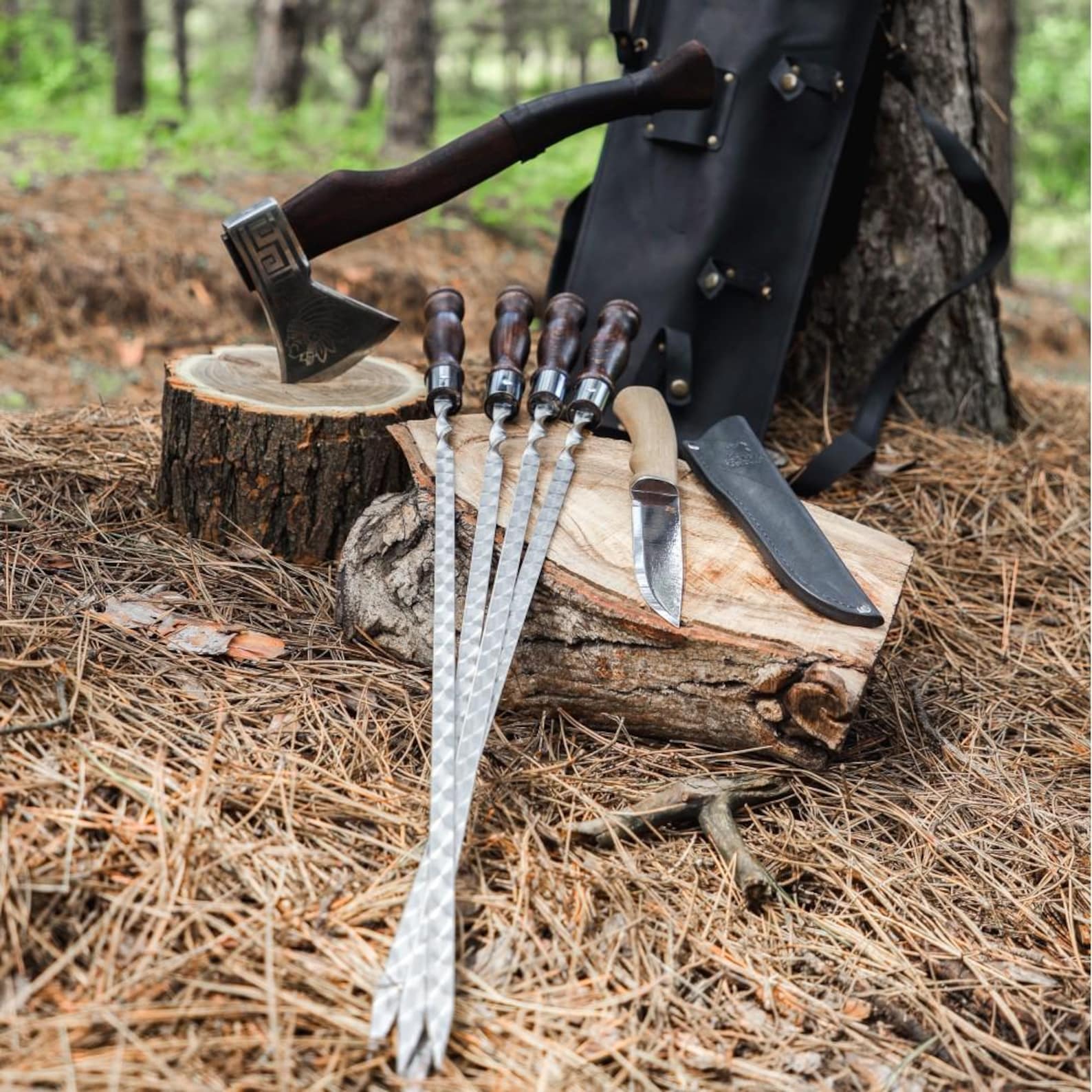 BBQ Tool Set With Knife, Axe, and Skewers, Leather Case, Perfect for ...