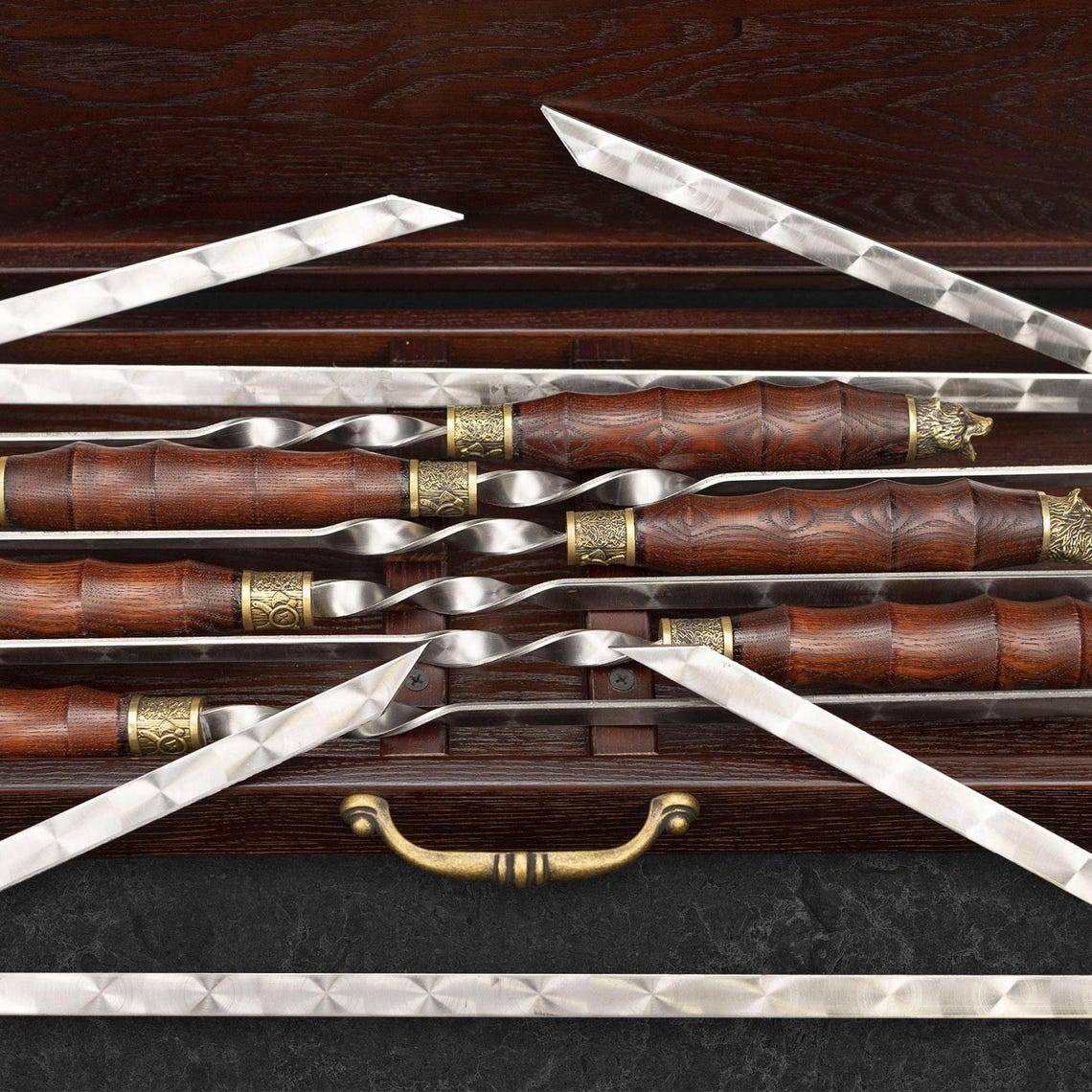 Premium BBQ Skewer Set With Wooden Case, 6 Stainless Steel Skewers in ...