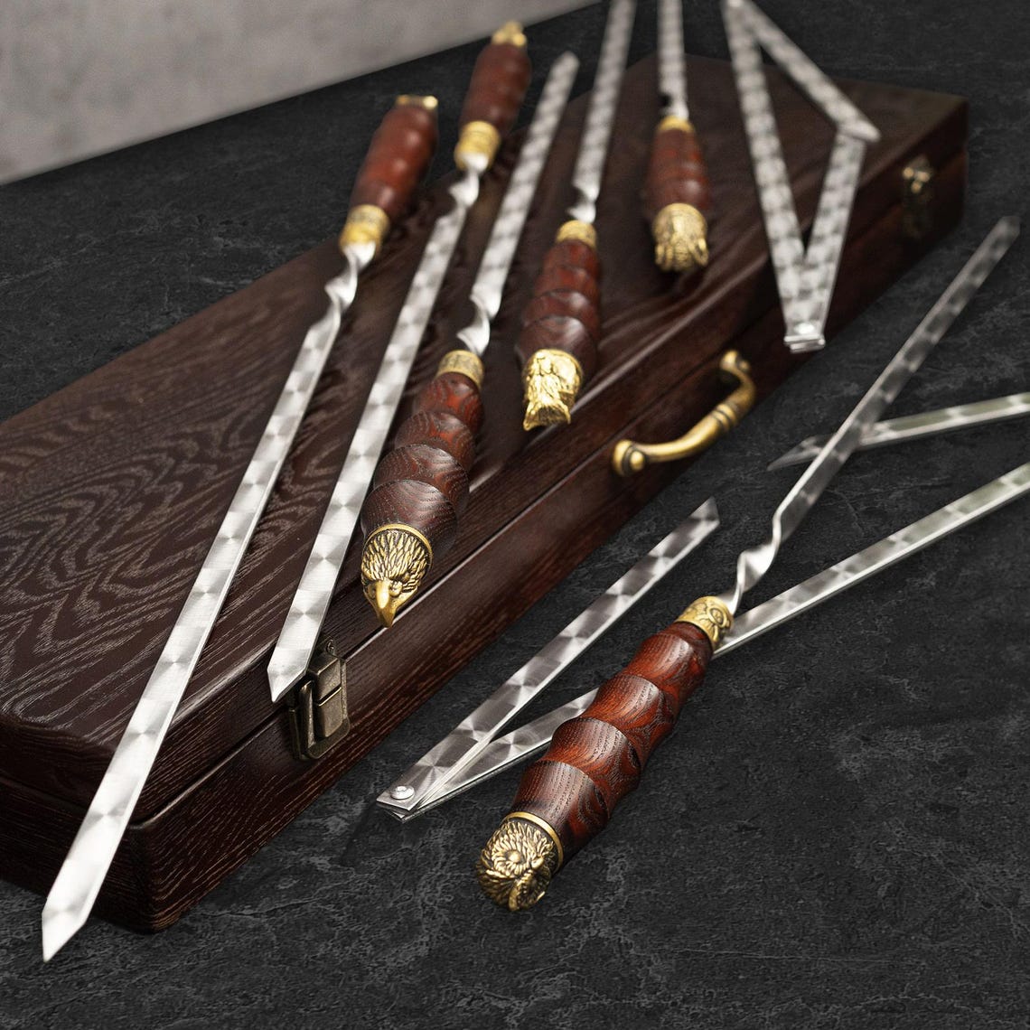 Premium BBQ Skewer Set With Wooden Case, 6 Stainless Steel Skewers in ...