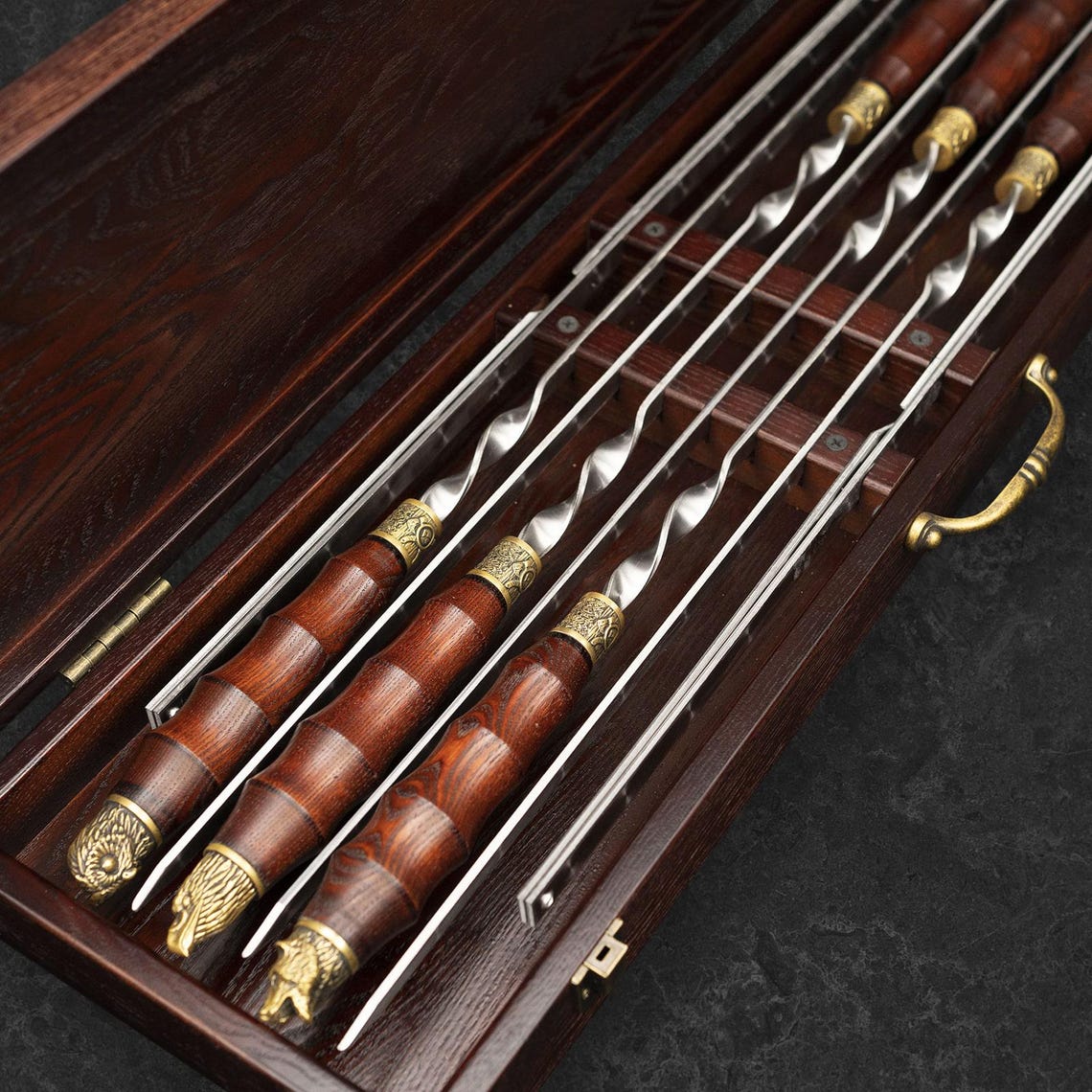 Premium BBQ Skewer Set With Wooden Case, 6 Stainless Steel Skewers in ...