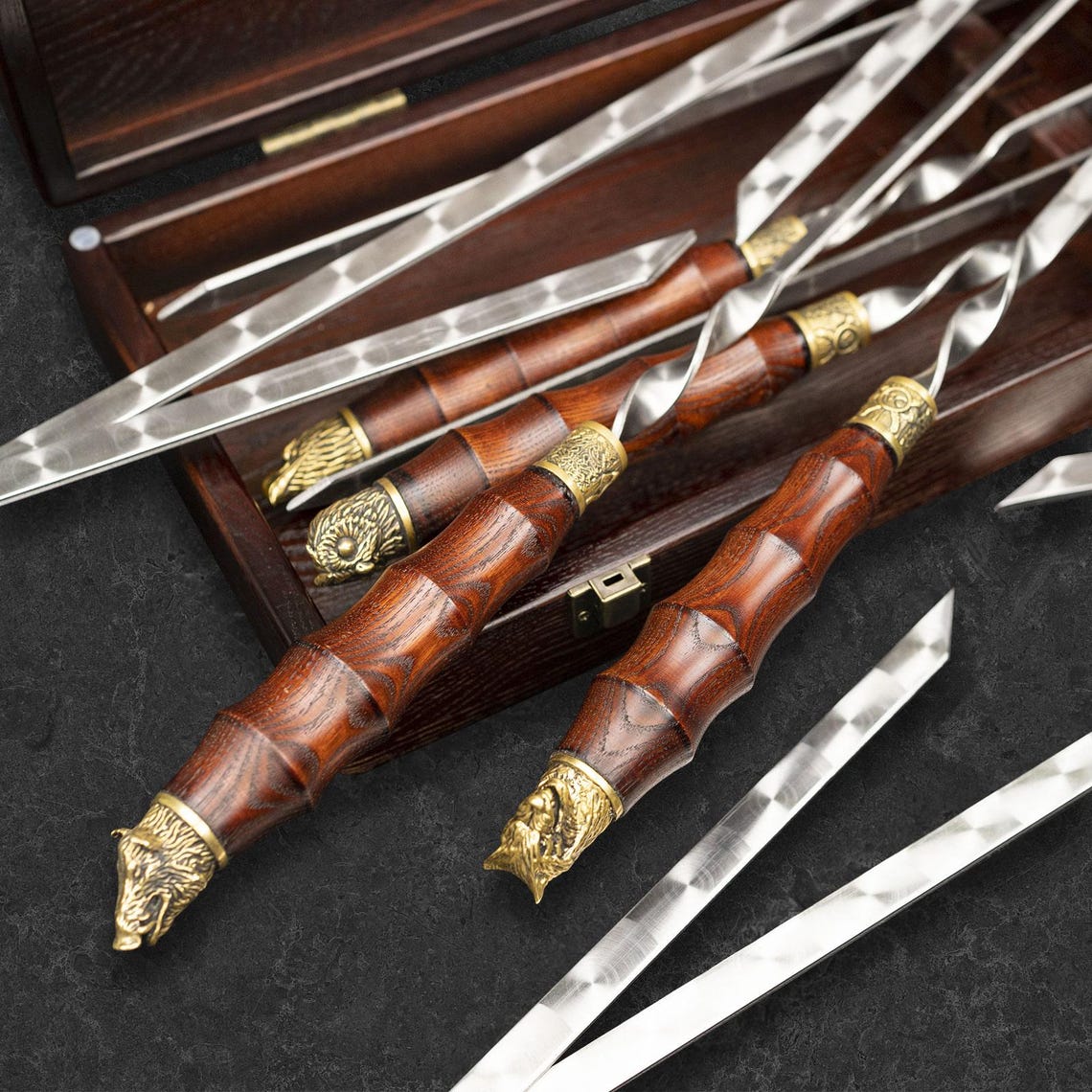 Premium BBQ Skewer Set With Wooden Case, 6 Stainless Steel Skewers in ...