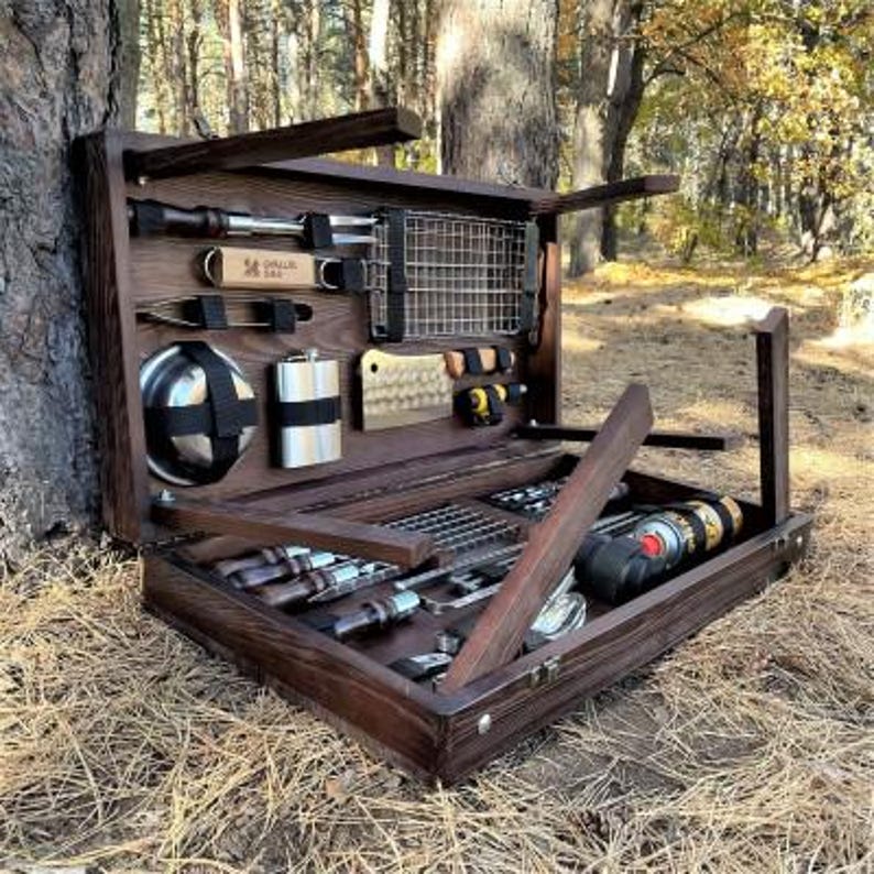 Picnic BBQ Set for 4 People, Stainless Steel Skewers, Grill, Axe, Flask ...