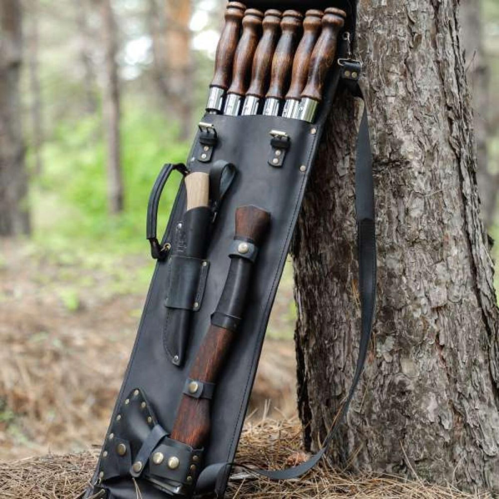 BBQ Tool Set With Knife, Axe, and Skewers, Leather Case, Perfect for ...