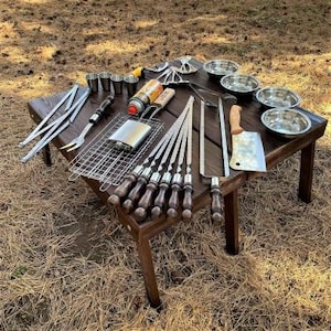 Picnic BBQ Set for 4 People, Stainless Steel Skewers, Grill, Axe, Flask ...