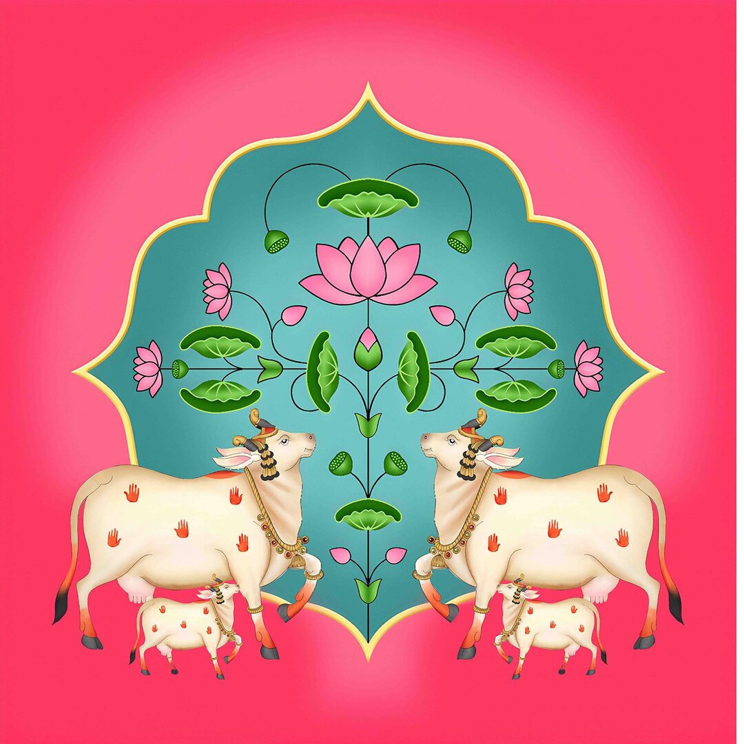 Pink Gomata Backdrop – Sacred Cow Pichwai Art for Pooja, Weddings (8x8 ...