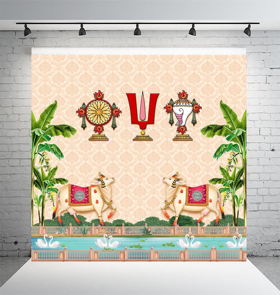 Vishnu Mandir Backdrop: Shankham Chakram Pooja Decor, 8x8 Ft - Etsy