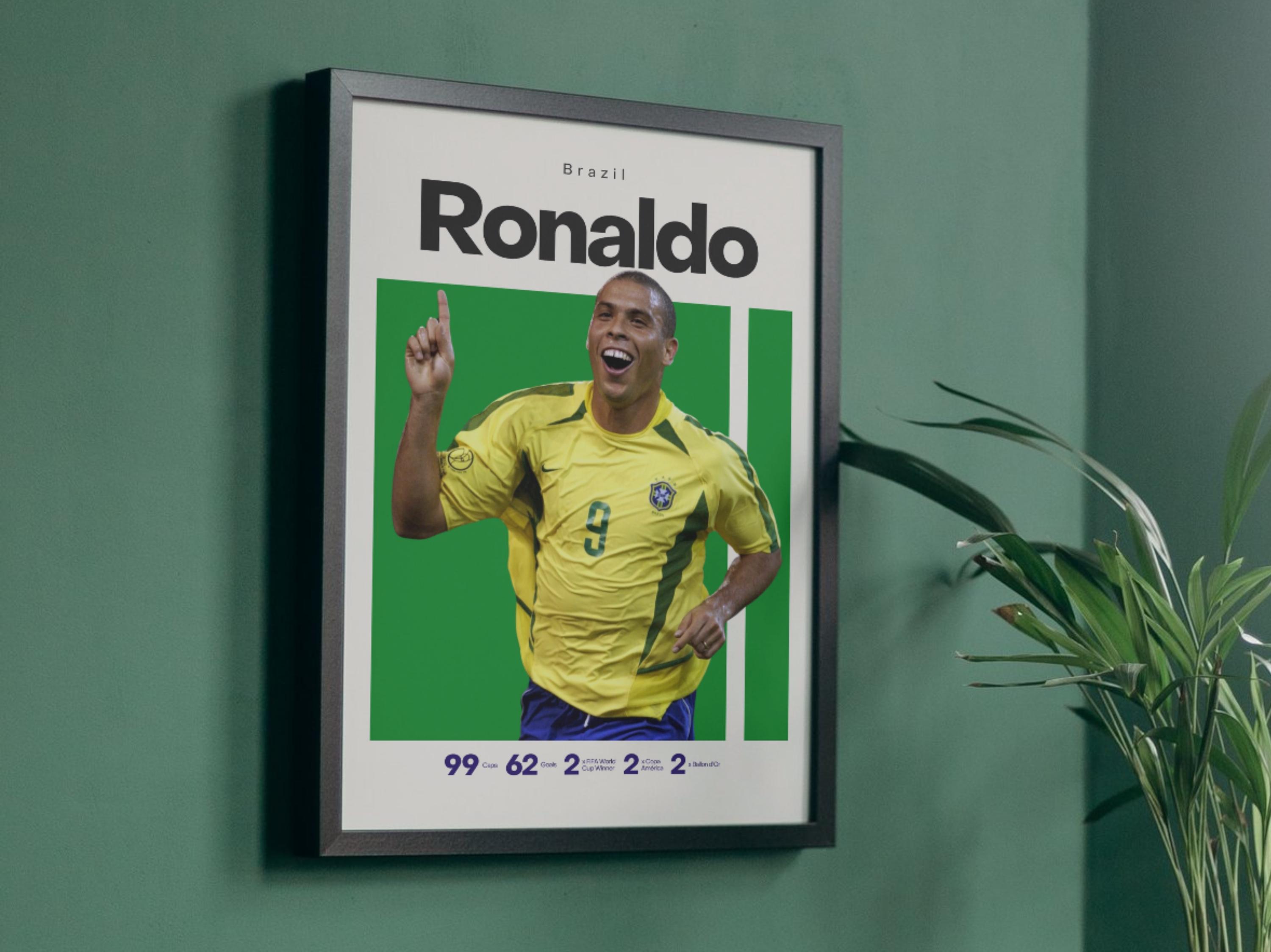 Ronaldo Nazario R9 Brazil Poster, Footballer Print, Soccer Art, Mid ...