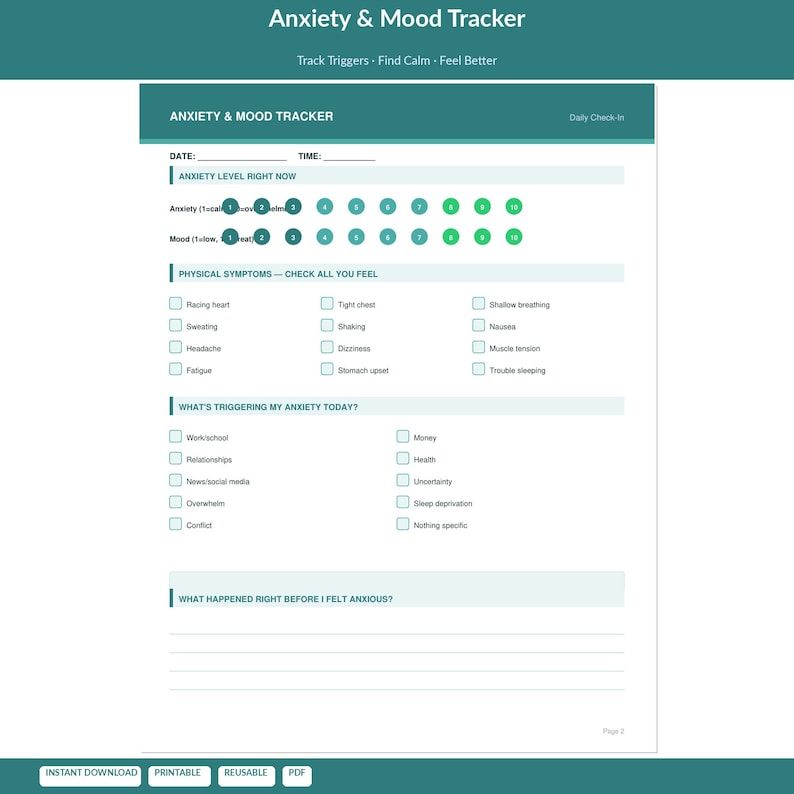 Anxiety Mood Tracker Printable, Trigger Log, Coping Strategies ...