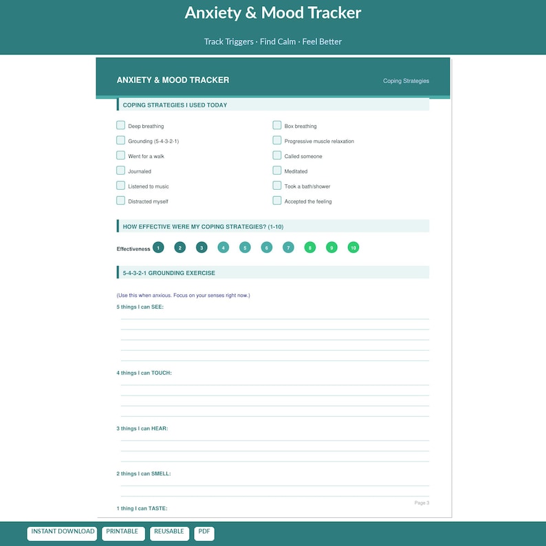 Anxiety Mood Tracker Printable, Trigger Log, Coping Strategies ...