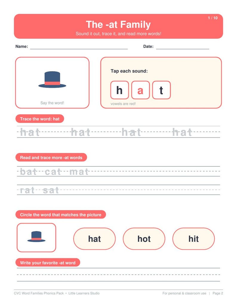 CVC Words Worksheets | Word Family Phonics Practice | Kindergarten ...