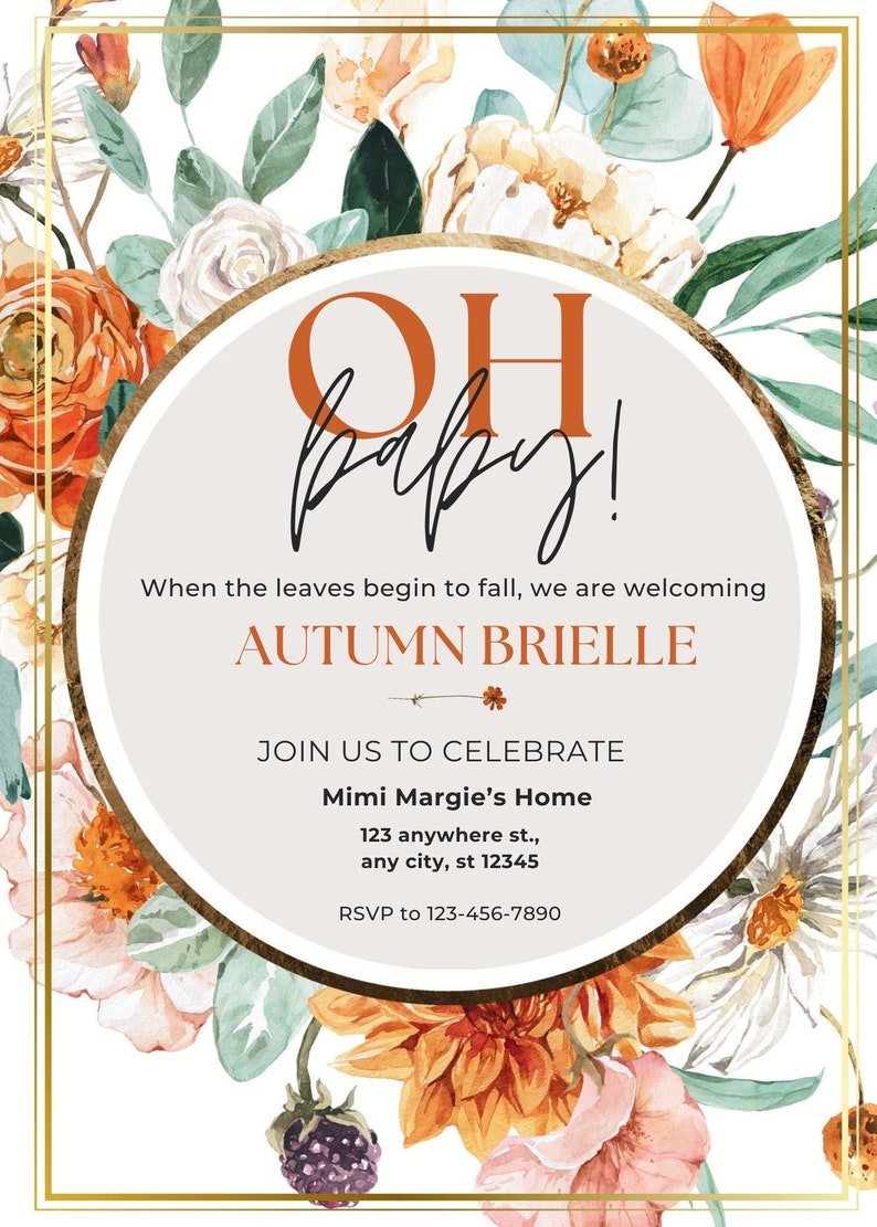 Autumn Floral Elegant Baby Shower Invitation Announcement | Digital ...