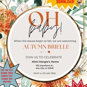 Autumn Floral Elegant Baby Shower Invitation Announcement | Digital ...