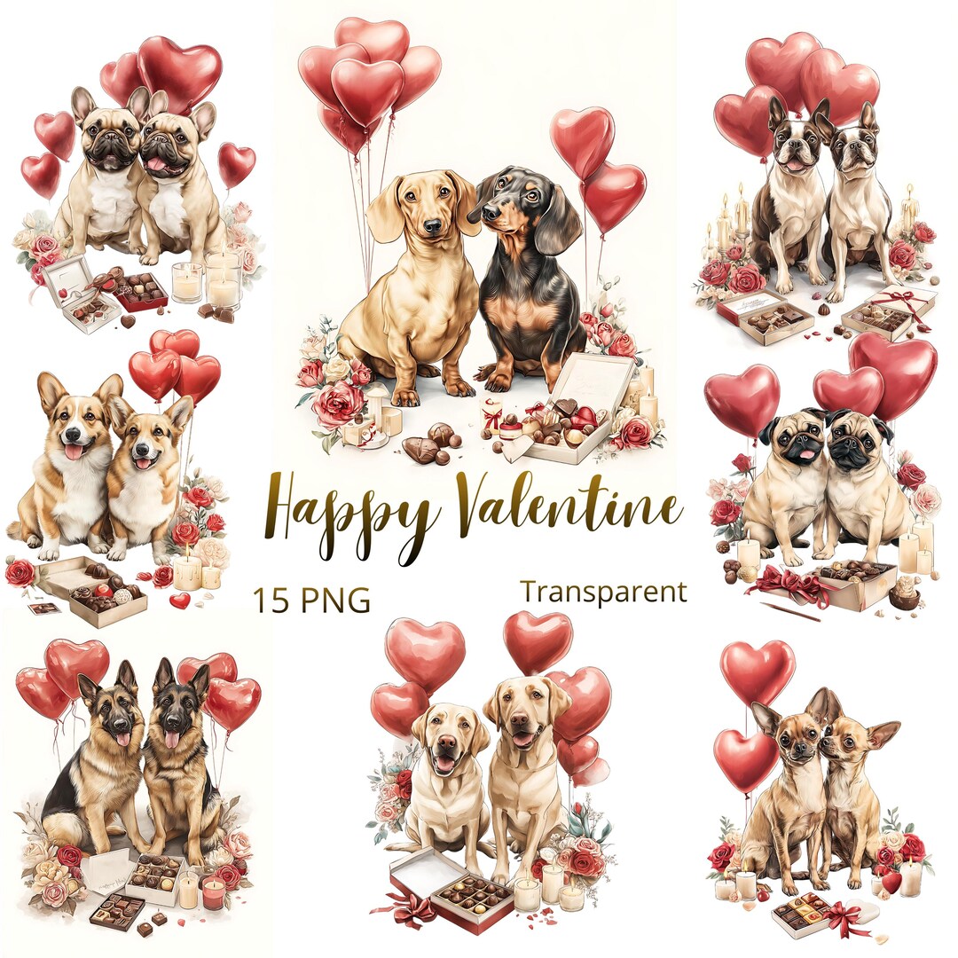 Valentine Dog Clipart Bundle – 15 Dog Breeds PNG Designs , 300 DPI ...