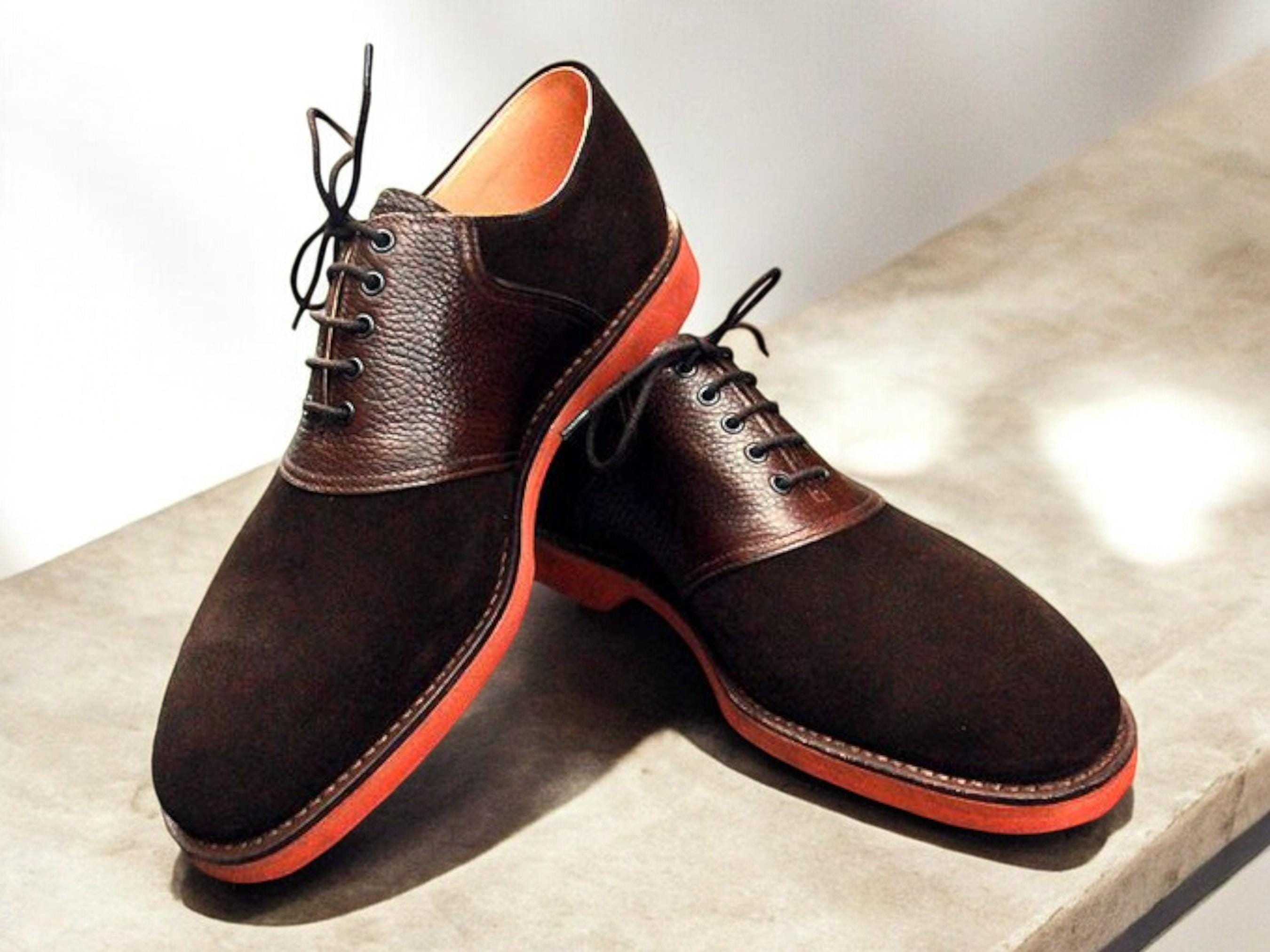 Men's Handmade Two Tone Brown Leather & Dark Brown Suede Shoe, Men's ...