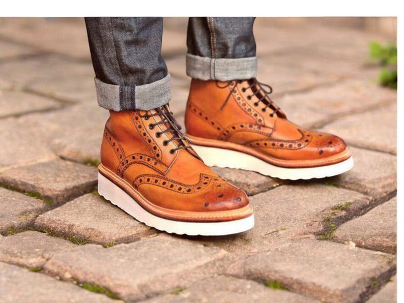 New Men's Handmade Tan Leather Wingtip Ankle High Boot, Men's Lace up ...
