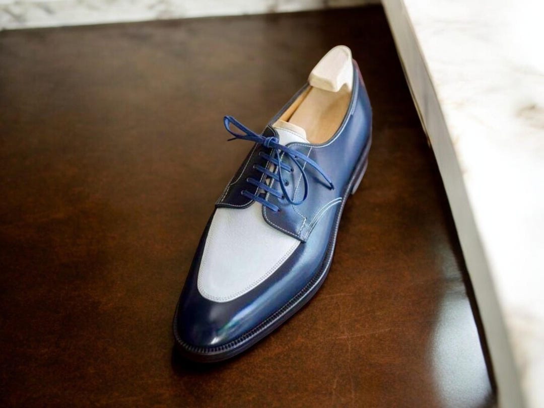 Men's Handmade Two Tone Royal Blue & White Leather Lace up Shoe, Men's ...