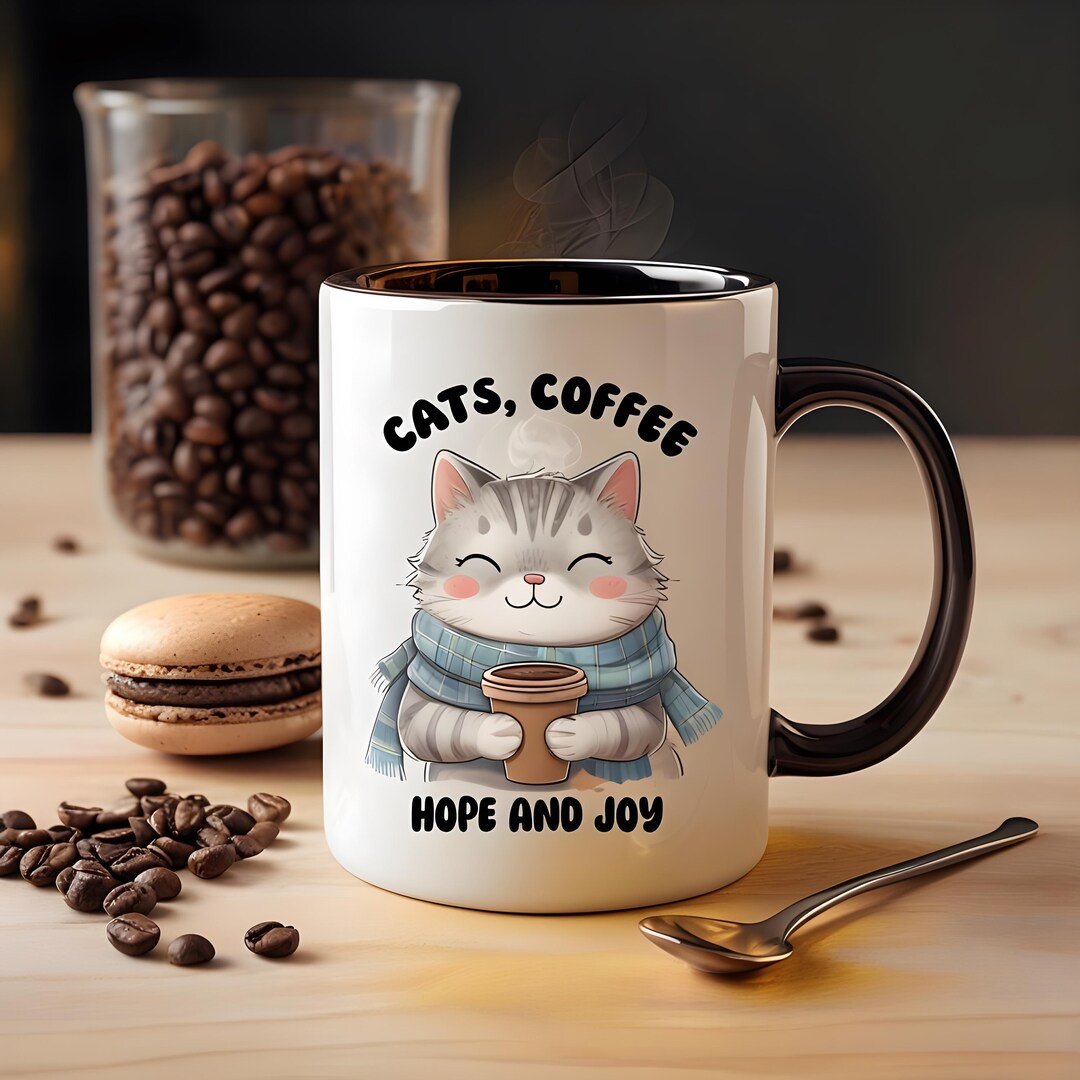 Cat Coffee Hope and Joy Accent Coffee Mug (11, 15oz) - Cute Pastel Cat ...