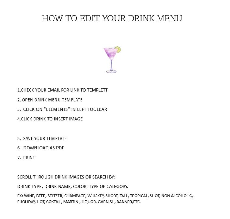 Bar Menu Template, Modern Editable Drink Menu, Minimalist Printable Bar ...