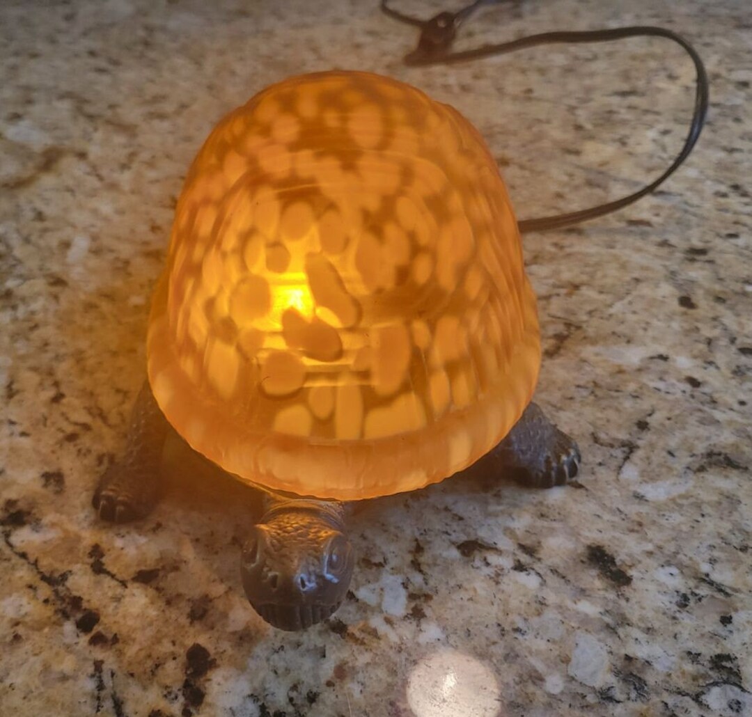 Vintage Turtle Lamp - Amber Glass Shell Night Light Tiffany Style Brass ...